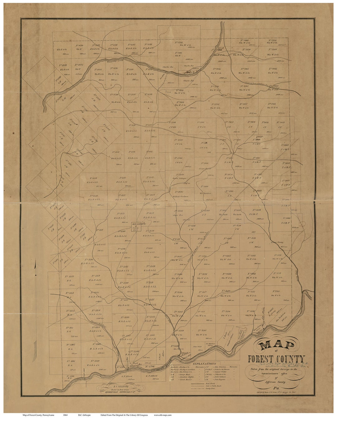 Forest County Pennsylvania 1864 - Old Wall Map With Landowner Names ...
