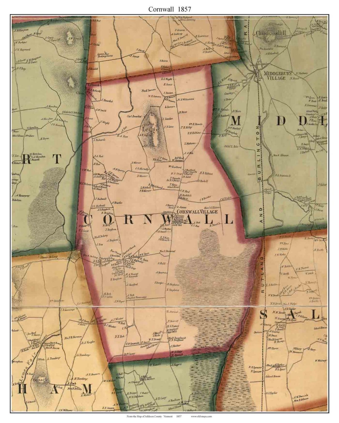 Cornwall 1857 Old Town Map With Homeowner Names Vermont - Reprint ...