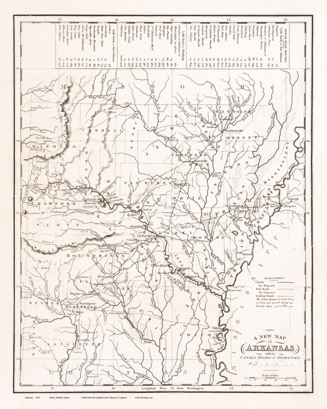 Arkansas 1836 State Map Tanner Canals Roads Distances Old - Etsy