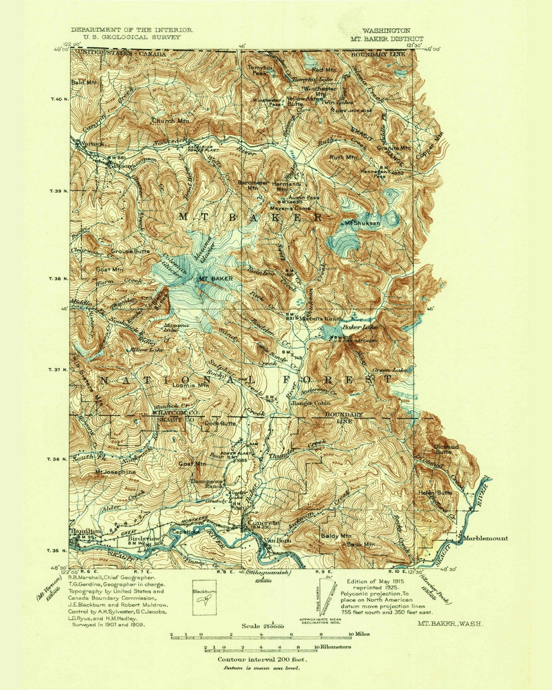 Mount Baker 1915 1925 Old Topo Map quad reprint 30x30 USGS Topographic ...