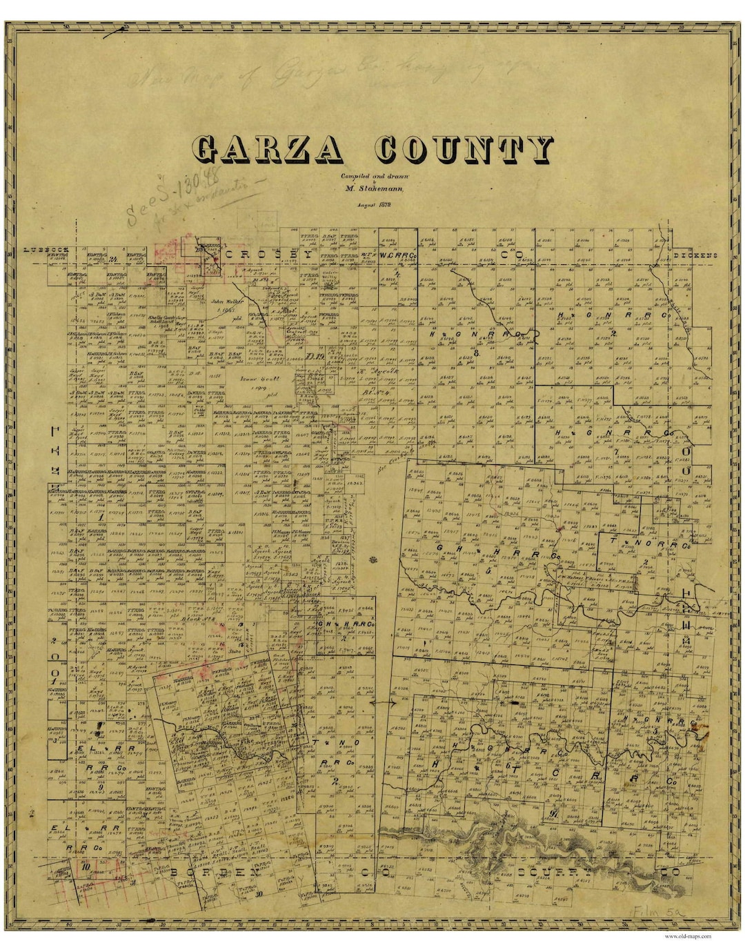 Garza County, Texas 1879 Old Wall Map Reprint With Land Owners Names ...