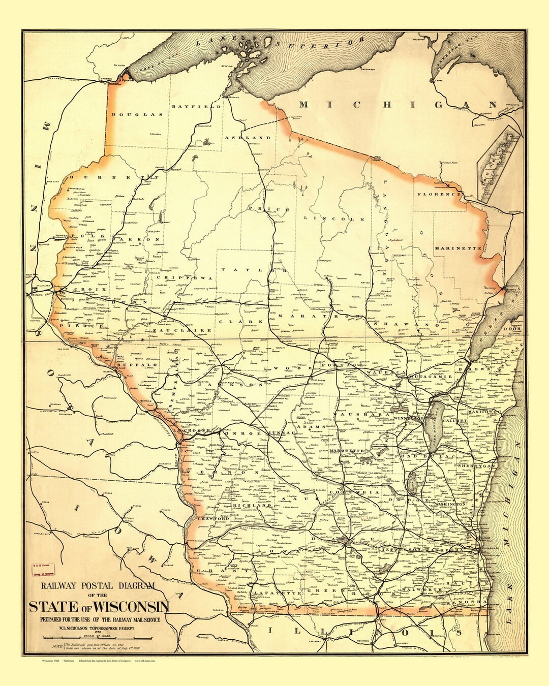 Wisconsin 1882 Railway Mail Service - State Map - Old Map Reprint - Etsy