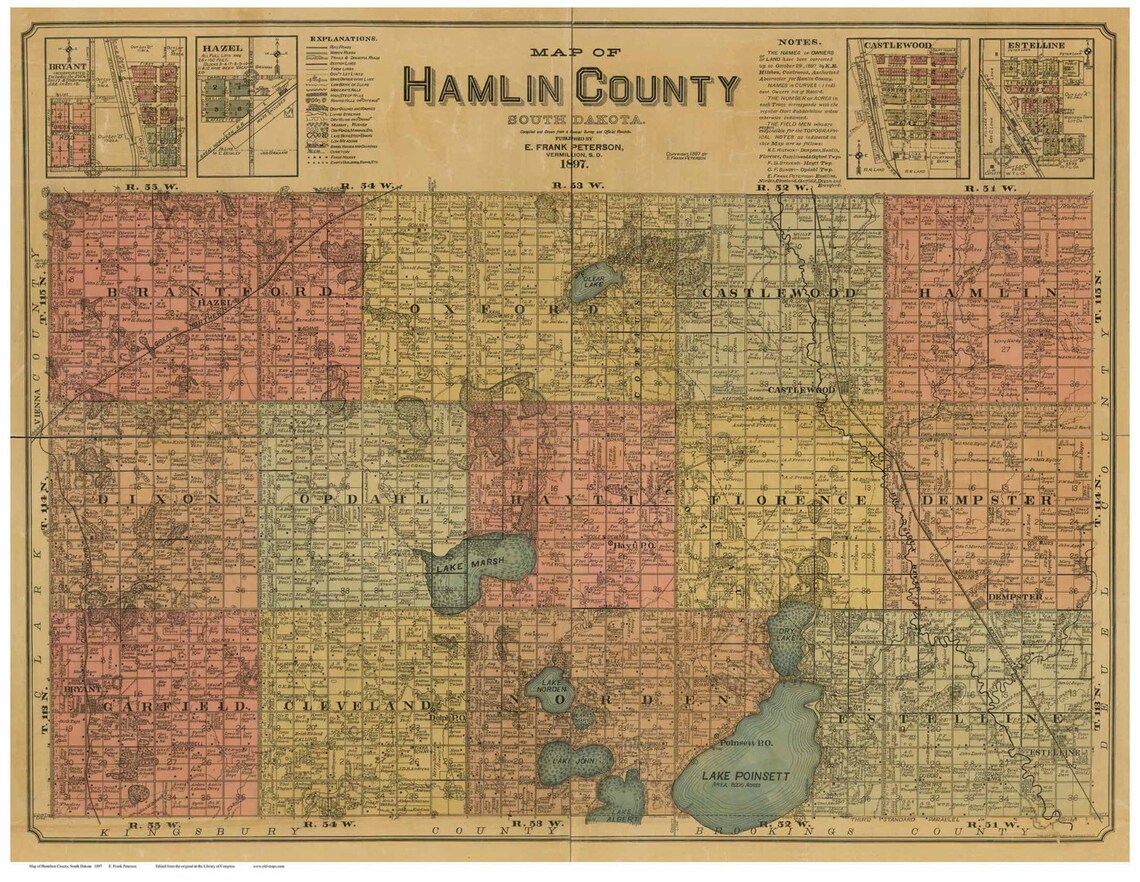 Hamlin County South Dakota 1897 - Old Wall Map With Landowner Names ...