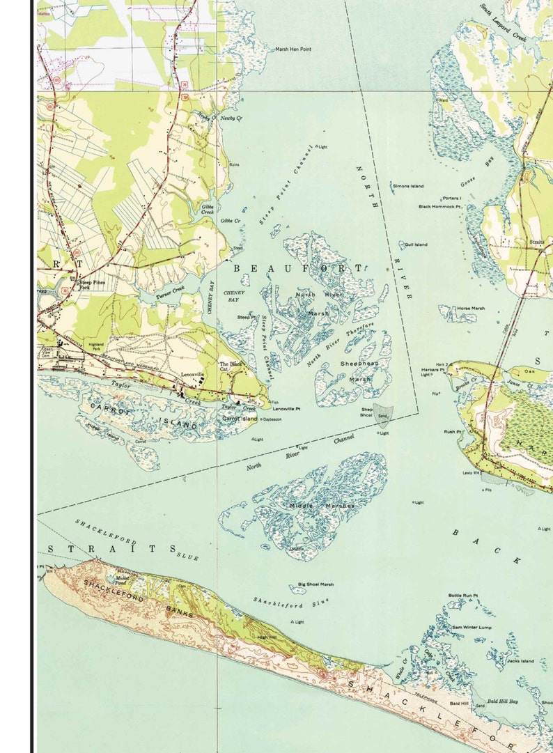 Cape Lookout & Beaufort - 1951 Old Topographic Map USGS Custom ...