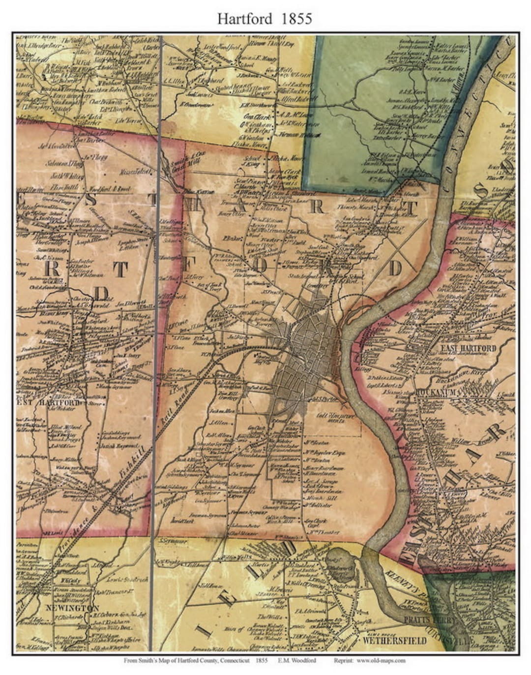 Hartford 1855 Old Town Map With Homeowner Names Connecticut - Reprint ...