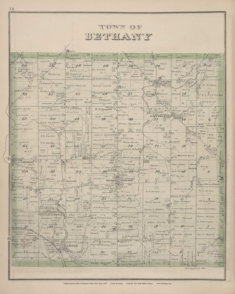 Bethany 1876 - Old Town Map Reprint, Genesee County, New York ...