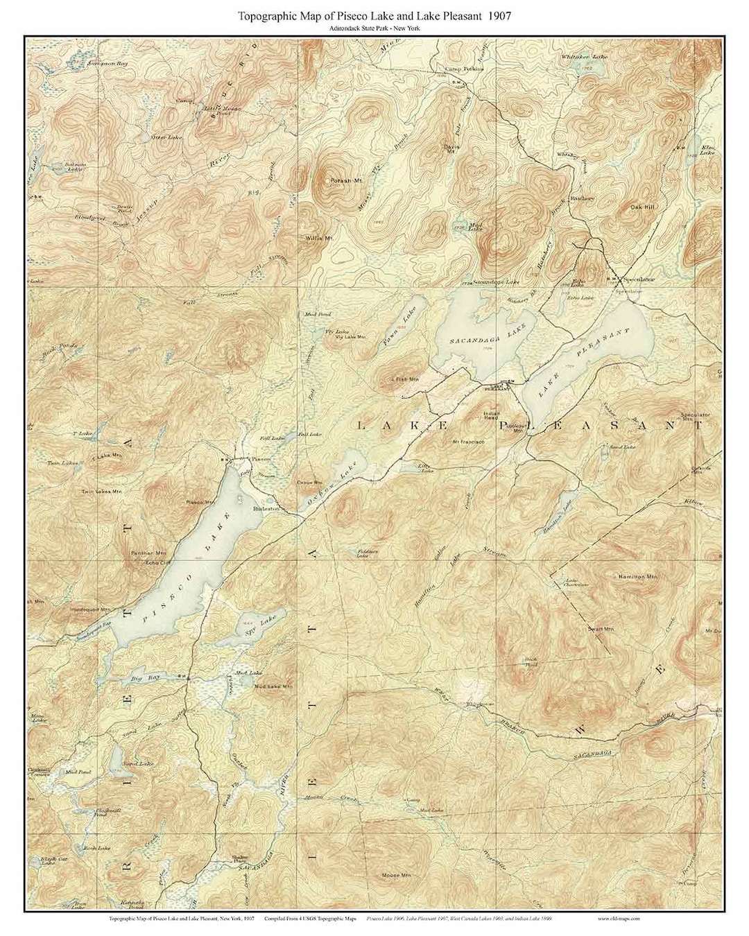 Piseco Lake and Lake Pleasant 1907 USGS Old Topographic Map - Reprint ...