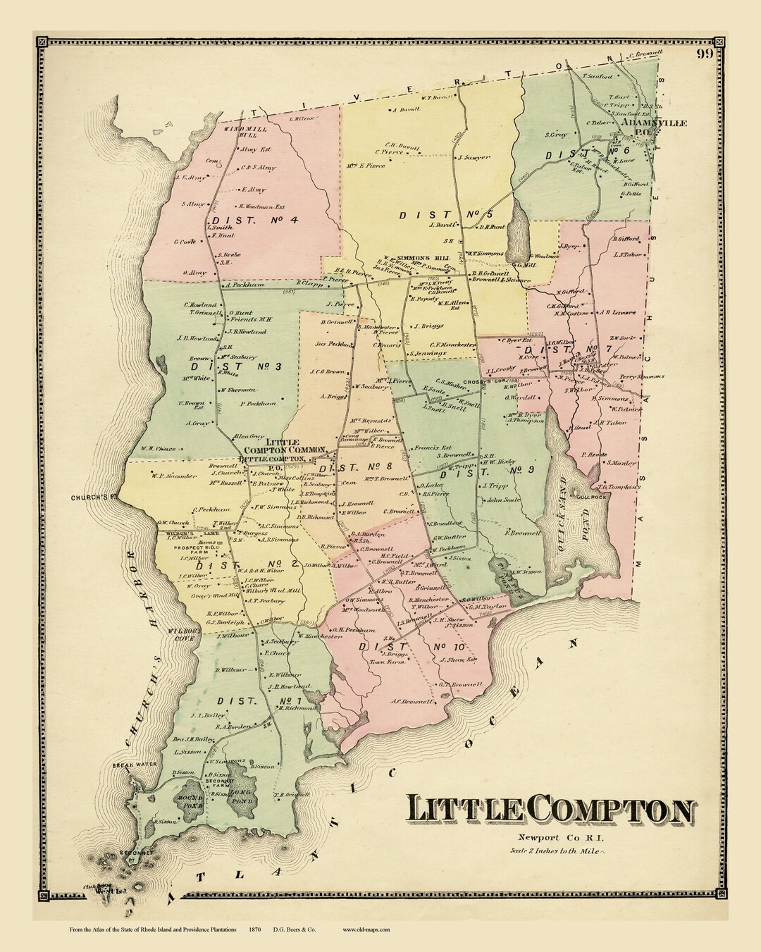 Little Compton Rhode Island 1870 Old Town Map Reprint With Homeowner ...