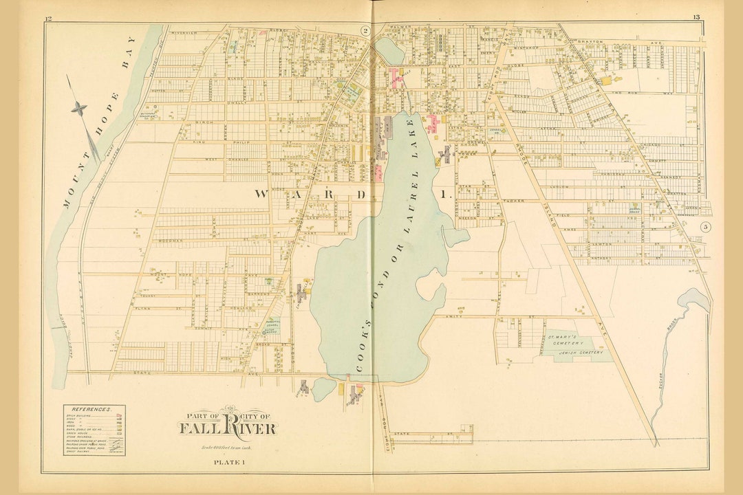 Fall River 1895 Old Town Map Reprint Cooks Pond or Laurel Lake Bristol ...