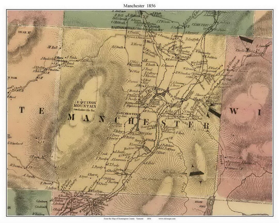 Manchester 1856 Old Town Map With Homeowner Names - Vermont Bennington ...