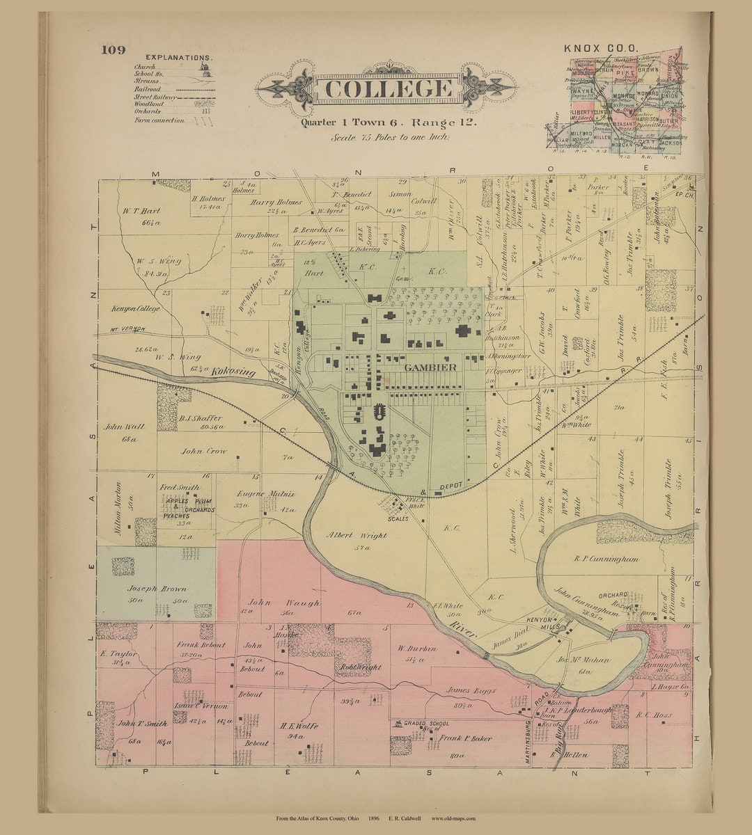 College 1896 Old Town Map With Homeowner Names Ohio Reprint Genealogy Knox County Atlas OH TM ...