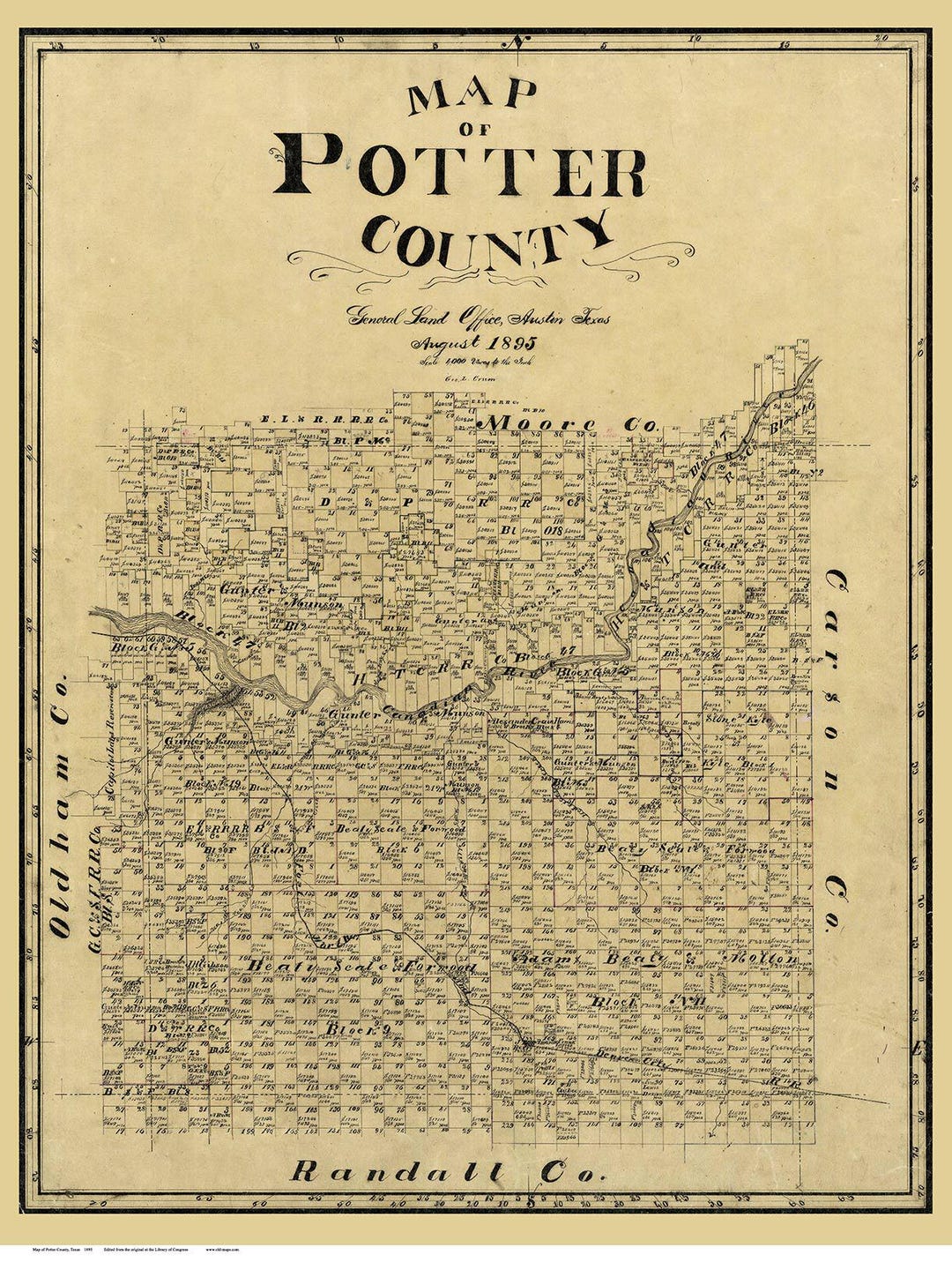 Potter County, Texas - 1895 - Old Wall Map Reprint With Land Owners ...