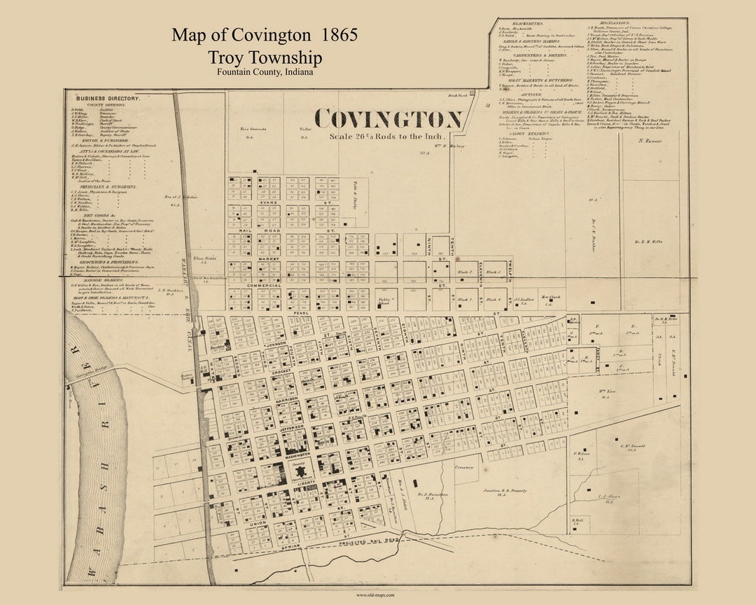 Covington Village 1865 Old Town Map With Homeowner Names Indiana ...