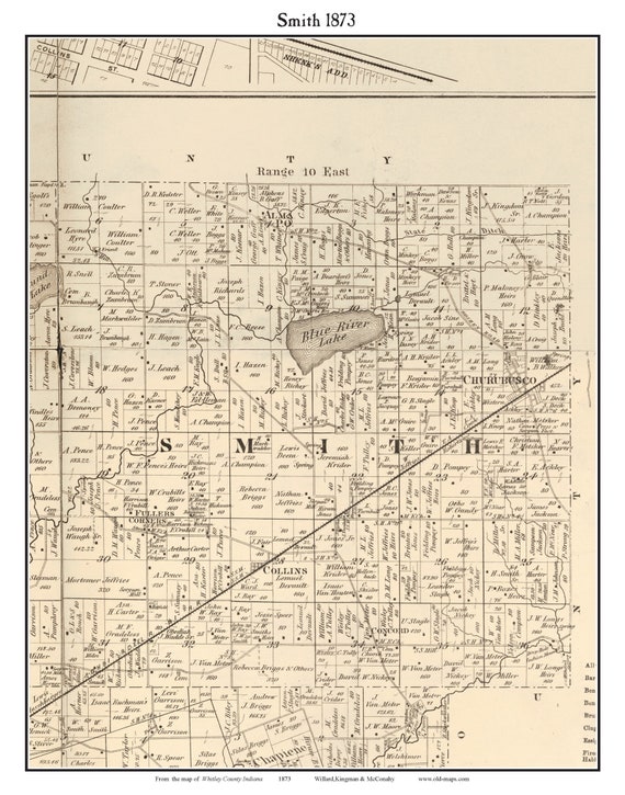 Smith 1873 Old Town Map With Homeowner Names Indiana Blue - Etsy