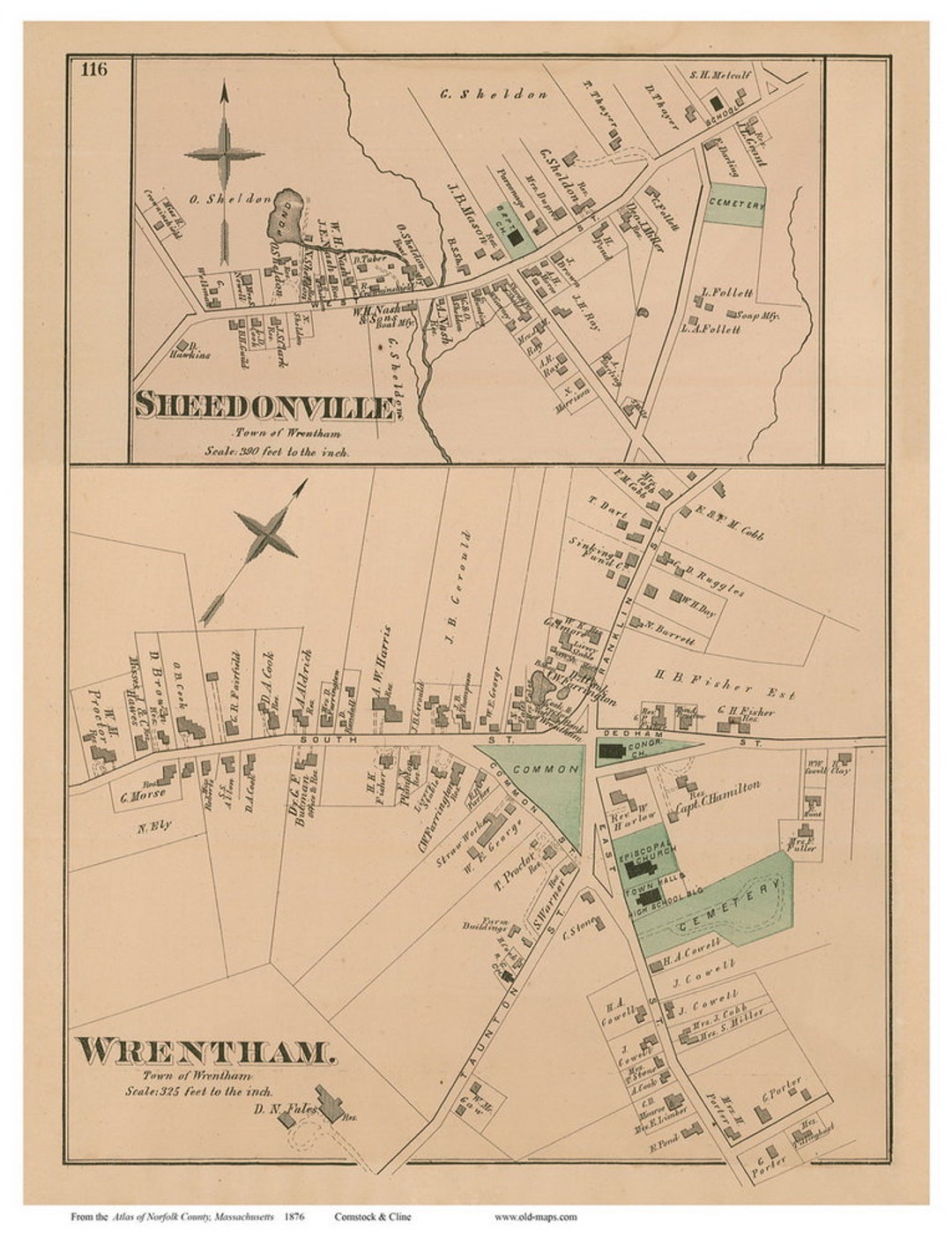 Wrentham Village & Sheldonville 1876 Town Map Reprint Norfolk County ...