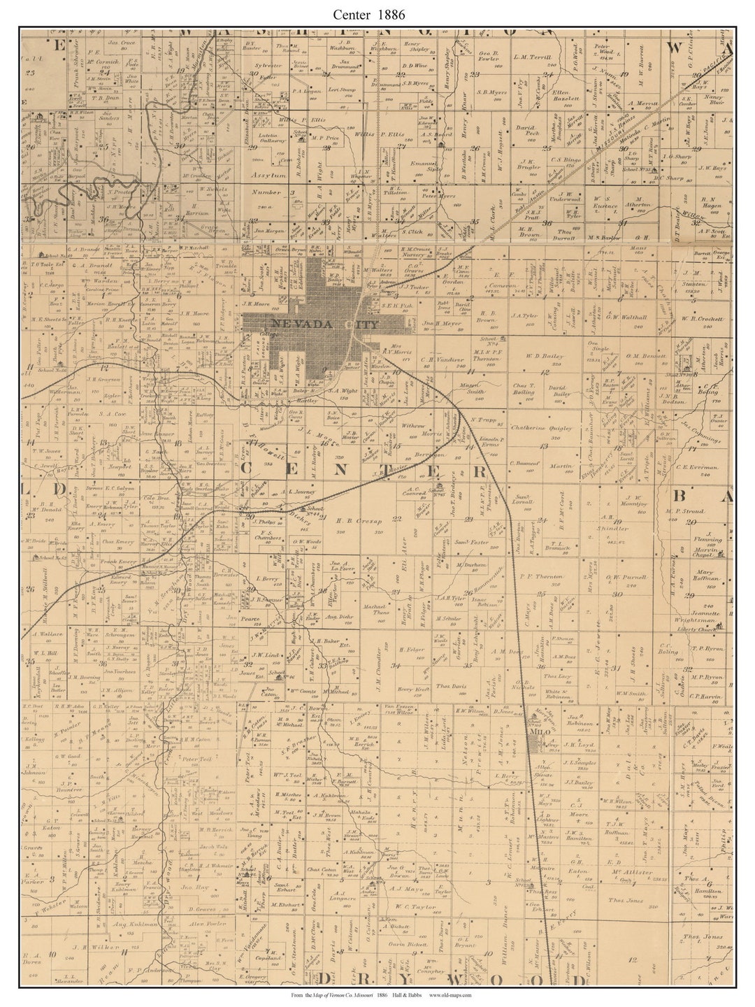 Center 1886 Old Town Map With Homeowner Names Missouri Vernon Co ...