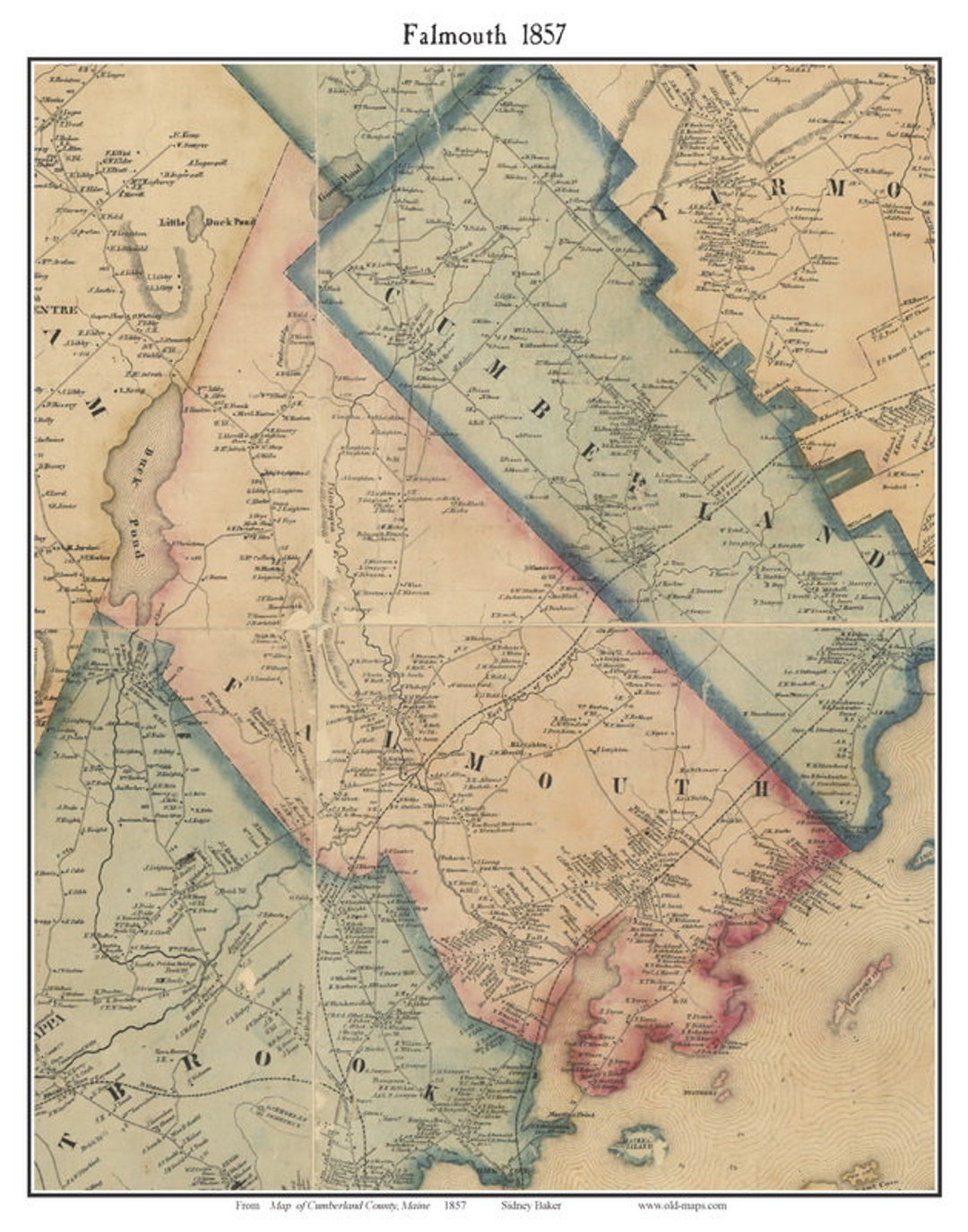 Falmouth, Maine 1857 Old Town Map With Homeowner Names - Custom Reprint ...