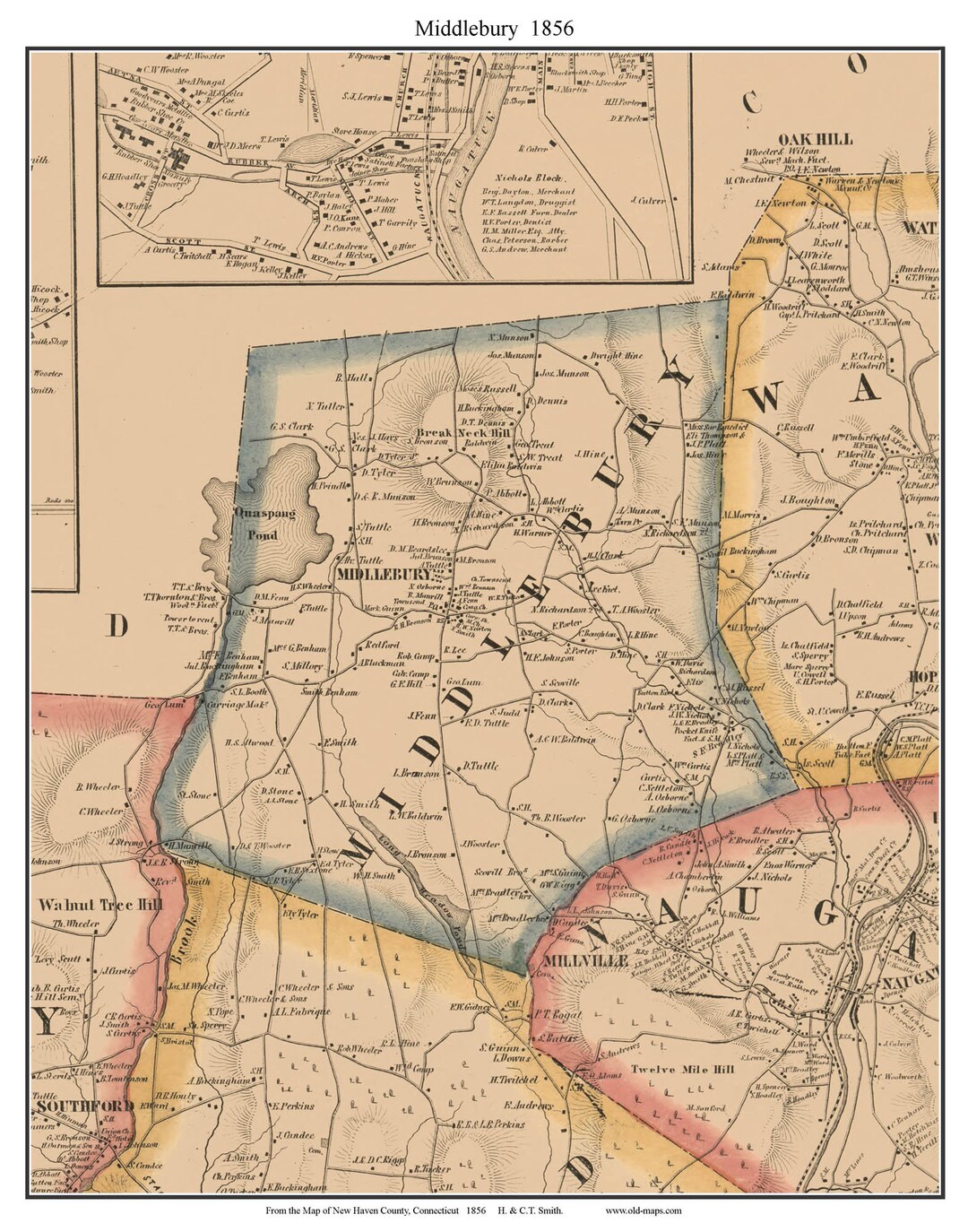 Middlebury 1856 Old Town Map With Homeowner Names Connecticut - Reprint ...