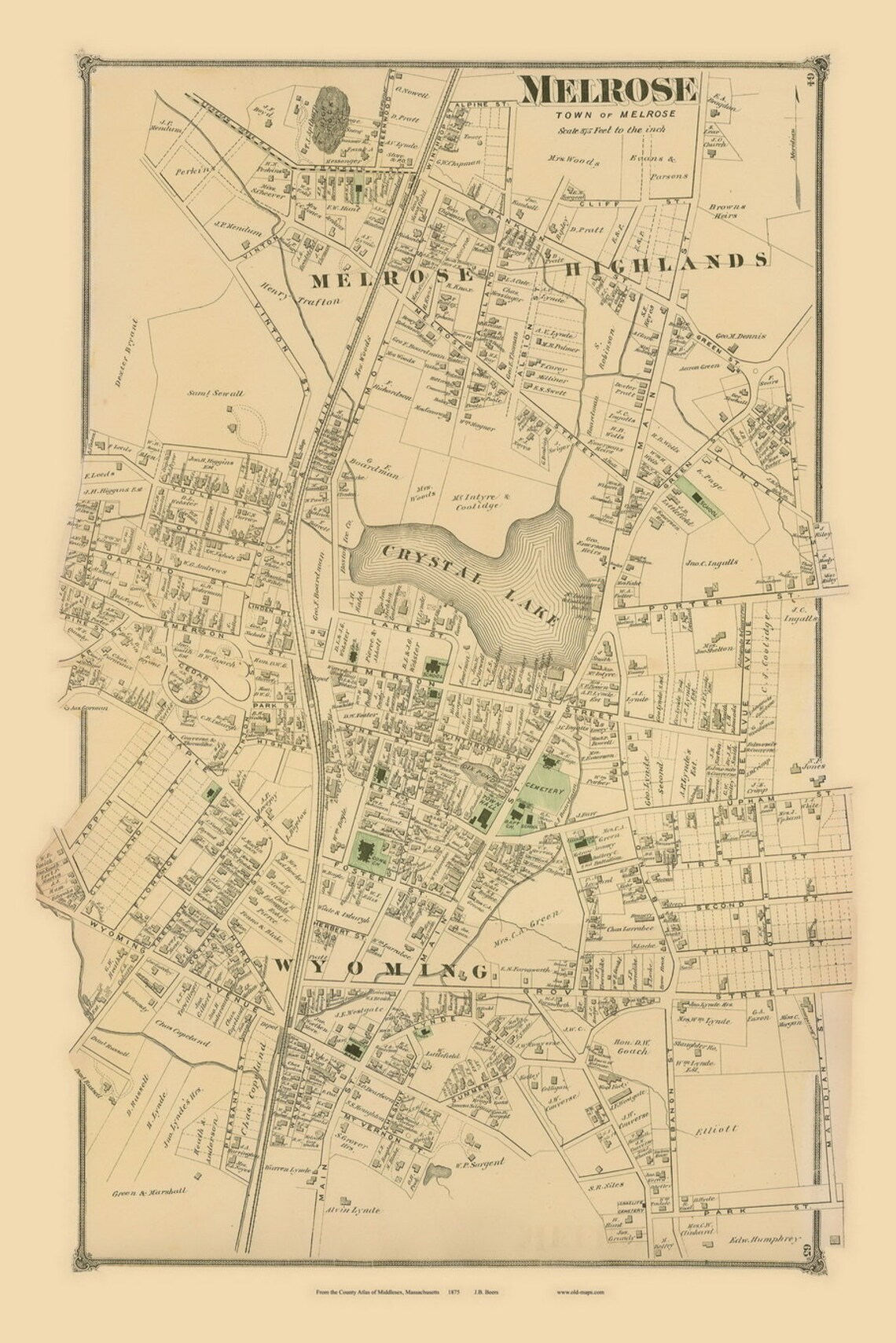 Melrose Village - 1875 - Old Town Map Reprint - Middlesex County ...