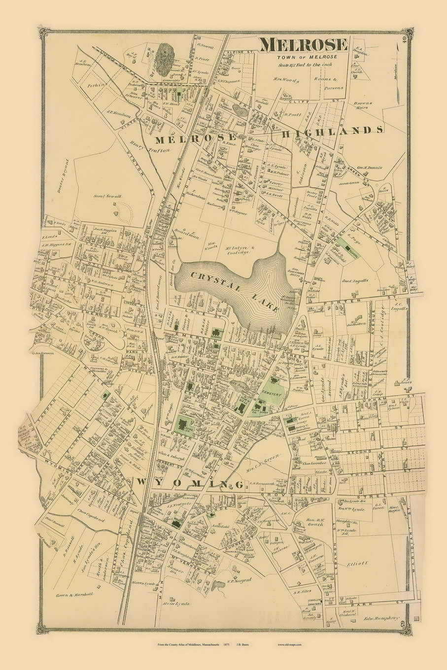Melrose Village - 1875 - Old Town Map Reprint - Middlesex County ...