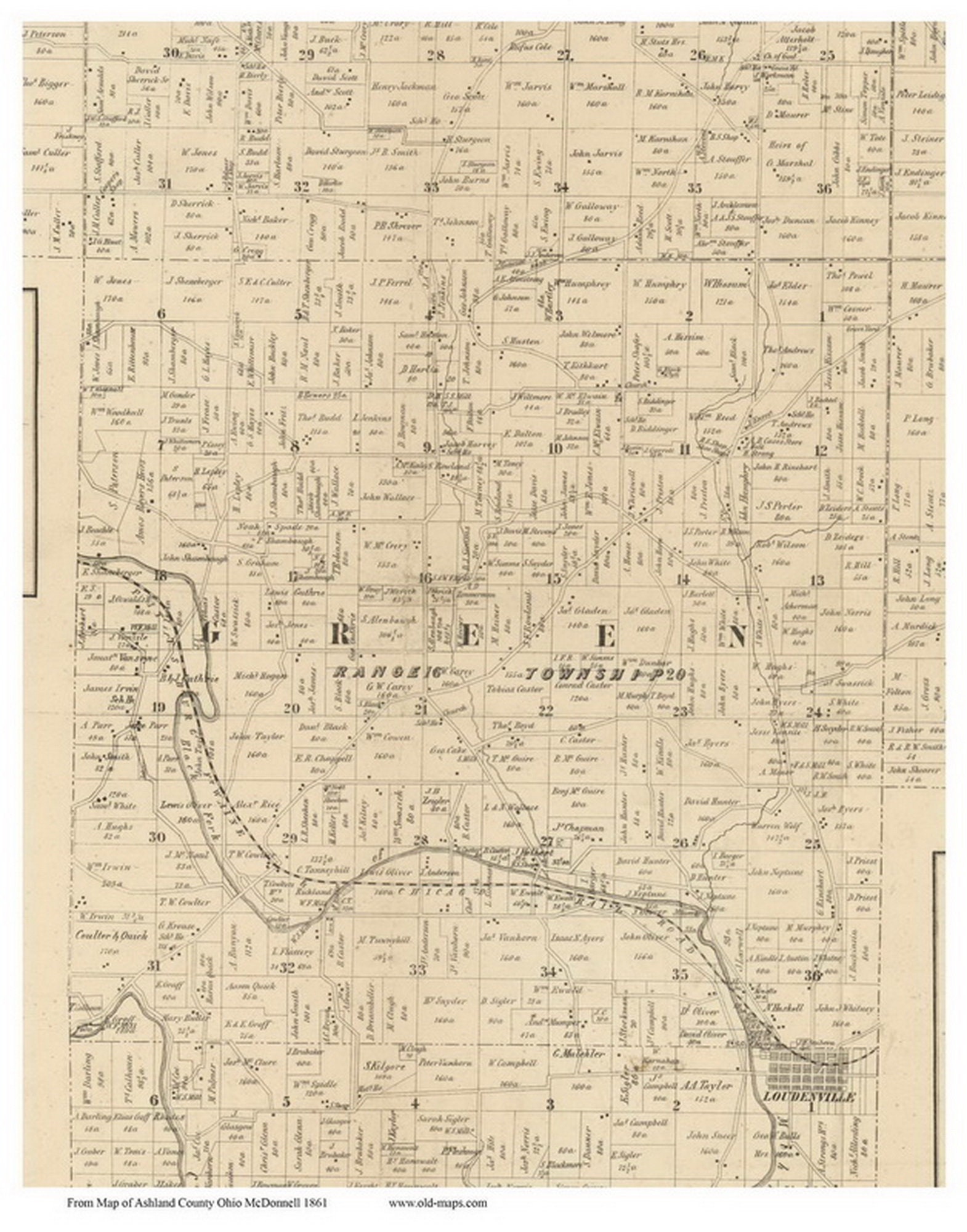 Green 1861 Mcdonnell Old Town Map With Homeowner Names Ohio Reprint ...