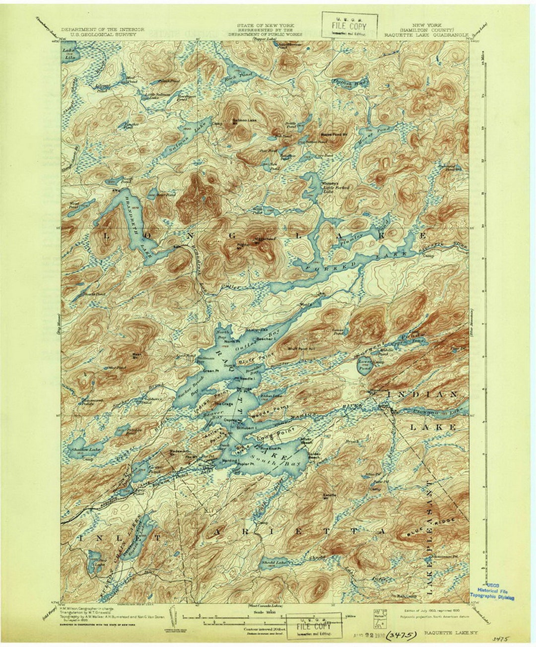 Raquette Lake 1903 (1930) Old Map Arietta Long Lake - Adirondack Quad ...