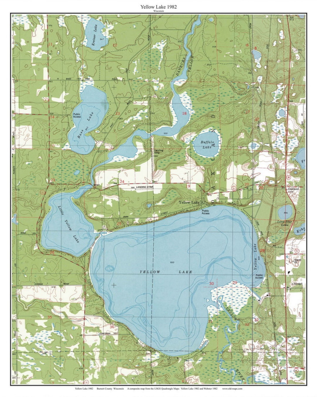 Yellow Lake 1982 Burnett County - USGS Old Topographic Map Custom ...