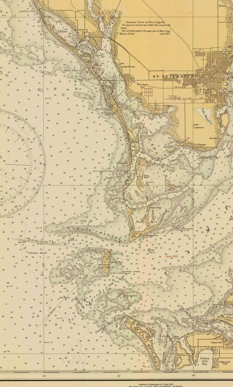 Tampa Bay to St Joseph Sound 1928 Nautical Map Tarpon Springs - Etsy