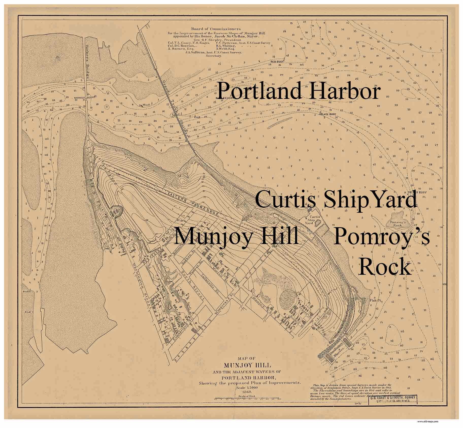 Munjoy Hill, Portland Harbor, Pomroy's Rock, Curtis Ship Yard Maine ...