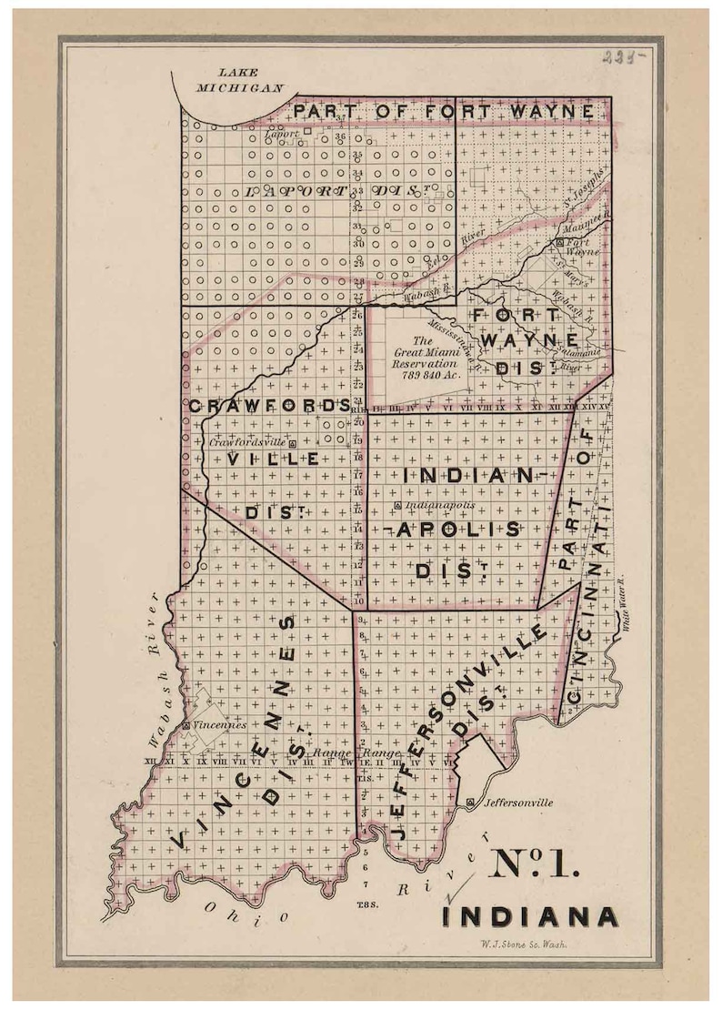 Indiana Land Office Map 1843 Lots and Districts Old Map Reprinted 1843 ...