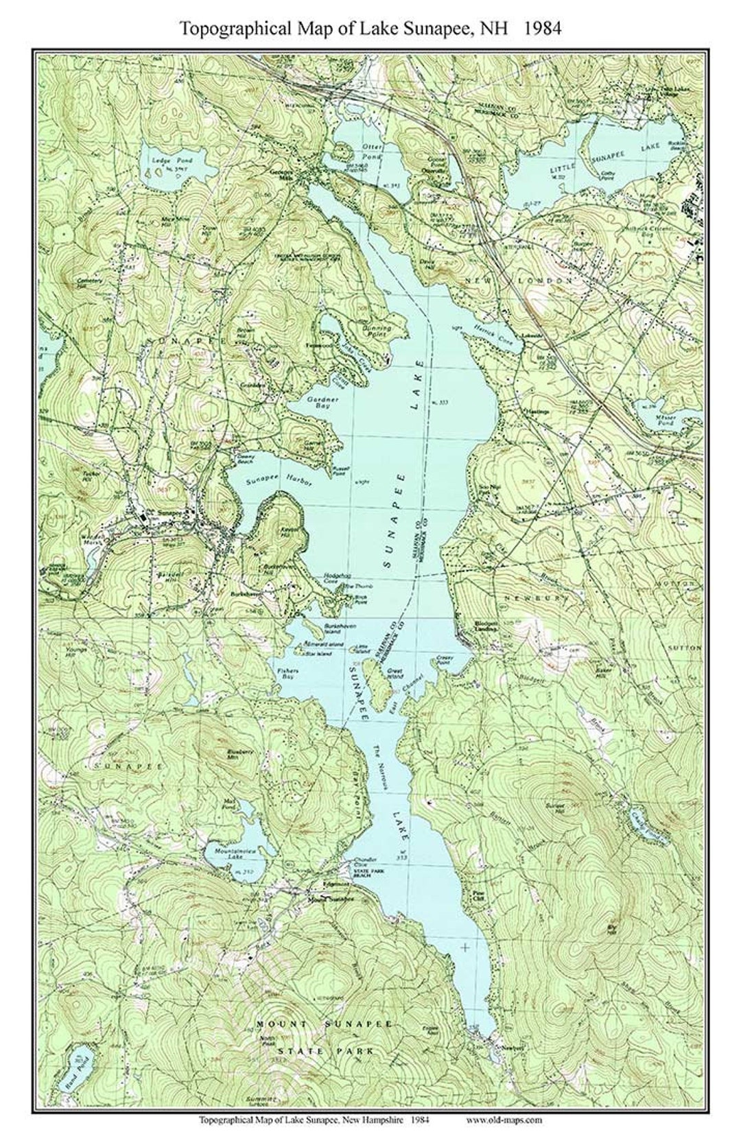 Lake Sunapee - 1984 Old Topographic Map USGS Custom Composite Reprint ...