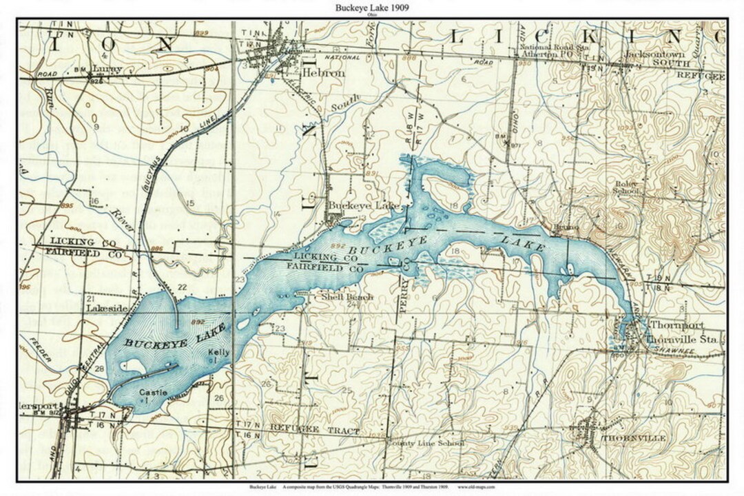 Buckeye Lake 1909 Old Topographic Map USGS - Hebron - Thornville ...