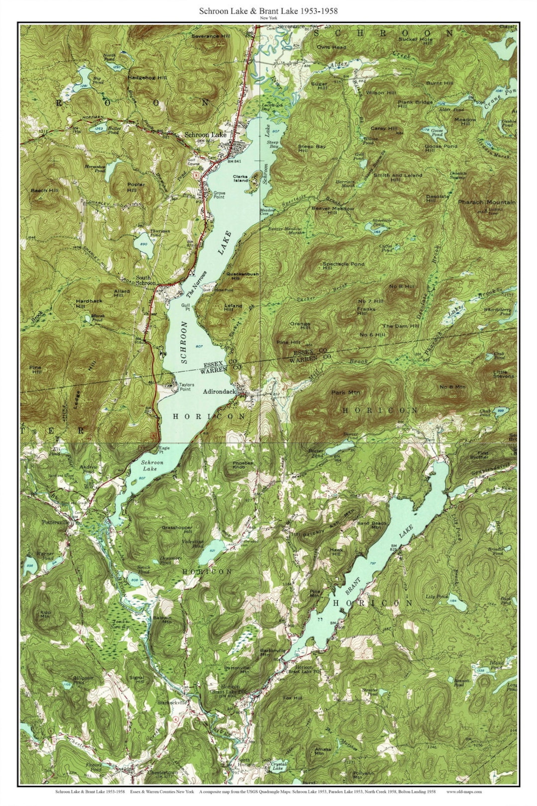 Schroon Lake and Brant Lake - 1953-1958 USGS Old Topographic Map Custom ...