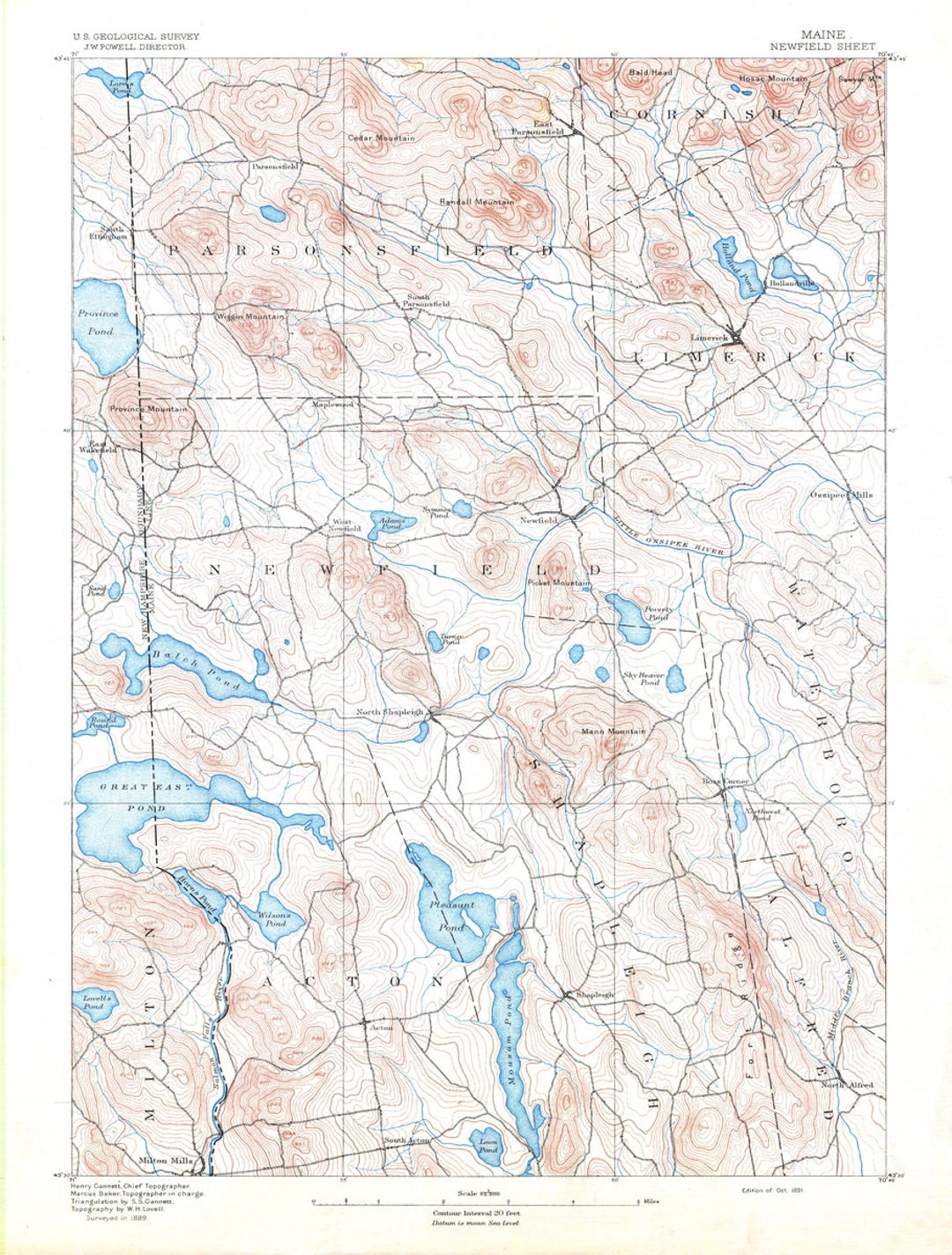 Newfield 1891 Old Topo Map - Great East Pond Mousam Pond Limerick ...