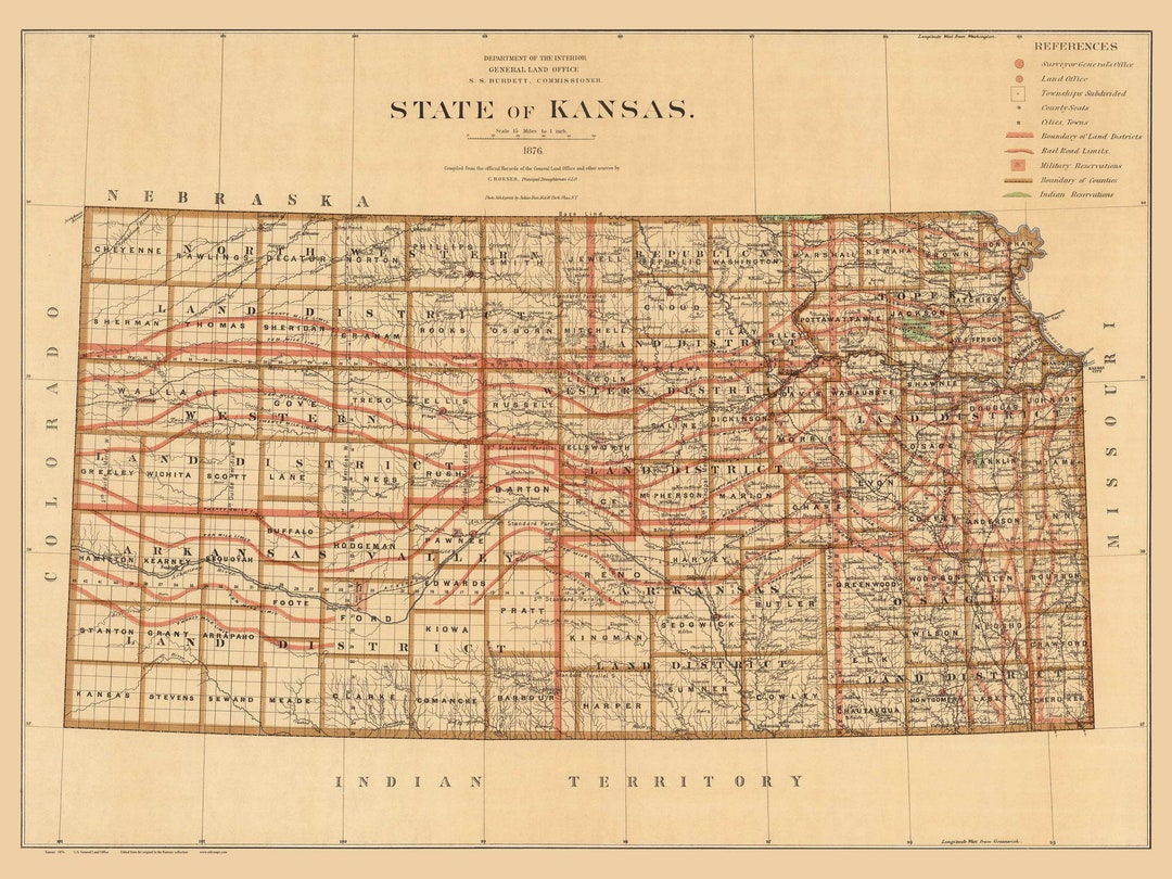Kansas 1876 - State Map GLO - Old Map Reprint - Etsy