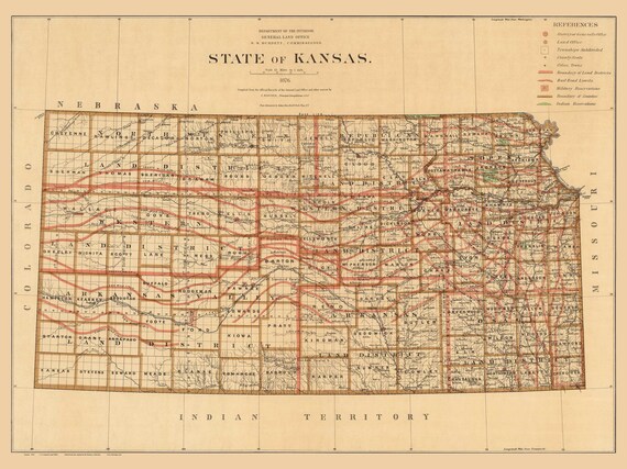 Kansas 1876 State Map GLO Old Map Reprint | Etsy