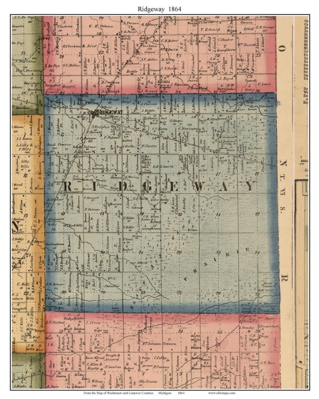 Ridgeway 1864 Old Town Map With Homeowner Names - Michigan - Reprint ...