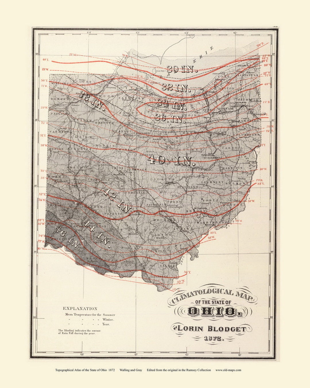 Ohio Climatological 1872 Old State Map Reprint Ohio State Atlas - Etsy