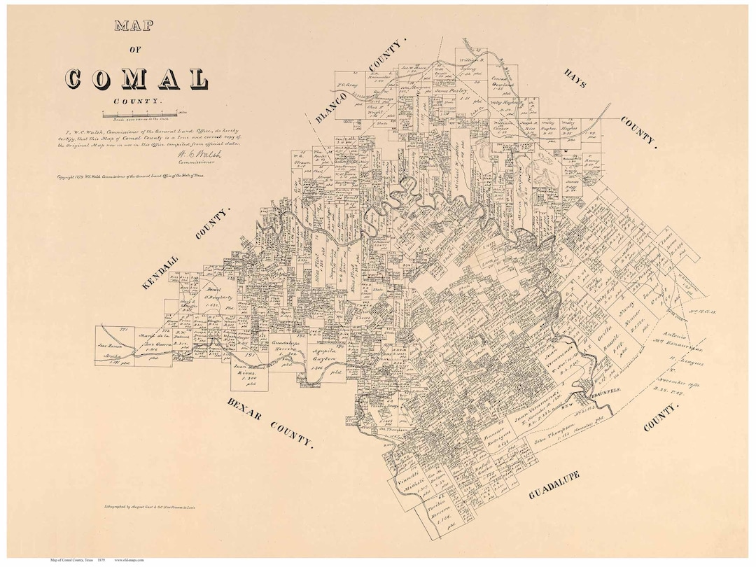 Comal County, Texas - 1879 - Old Wall Map Reprint With Land Owners ...