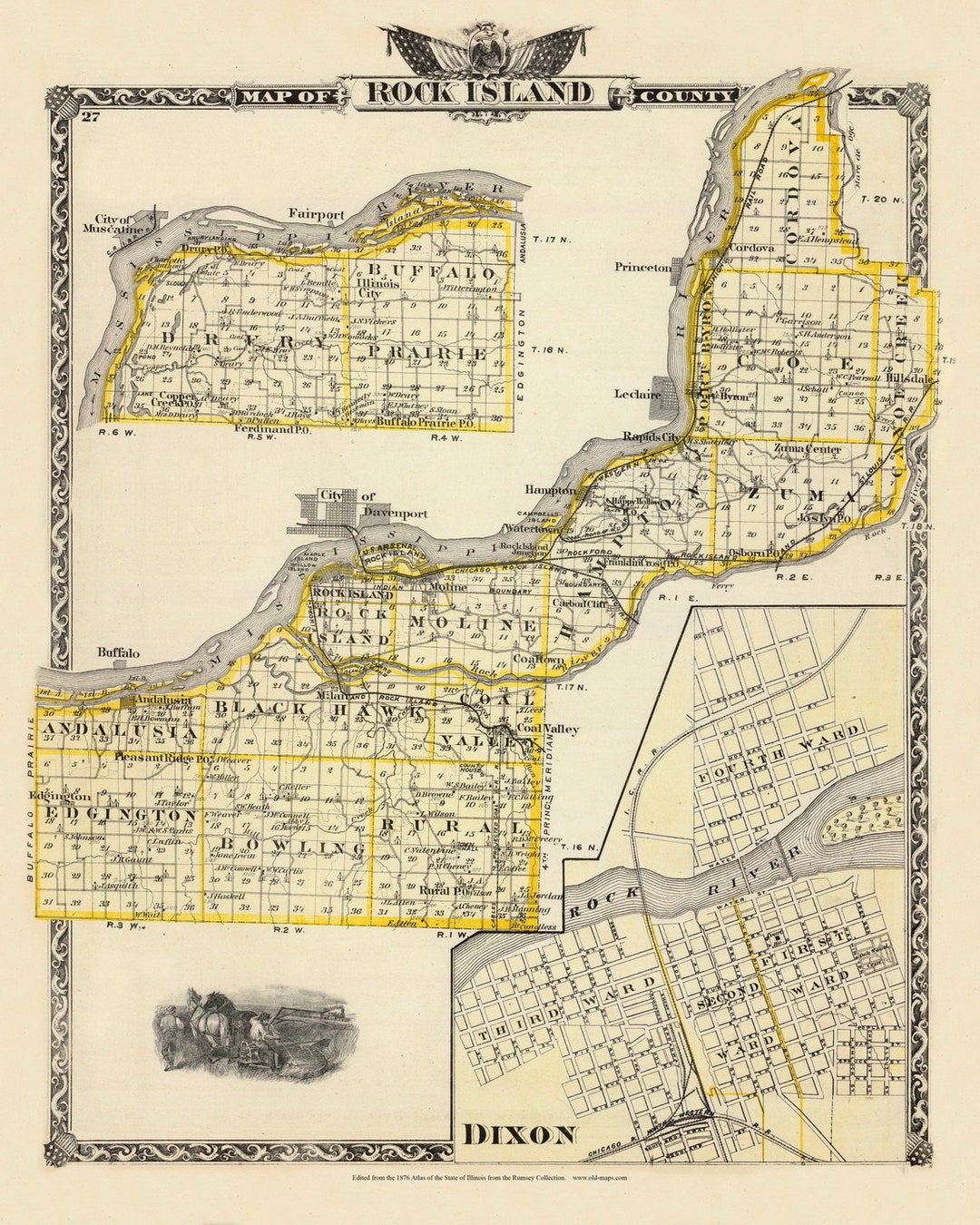 Rock Island County Illinois 1876 Map Dixon Reprint With Homeowner Names ...