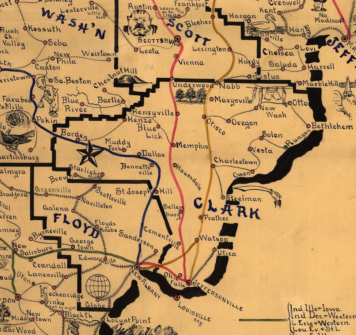 Indiana 1897 Railroad Map - Quirky! - Galbraith - State Map Reprint - Etsy