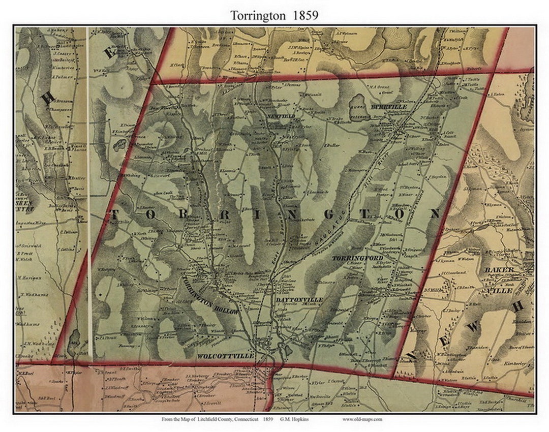 Torrington 1859 Old Town Map With Homeowner Names Connecticut - Reprint ...