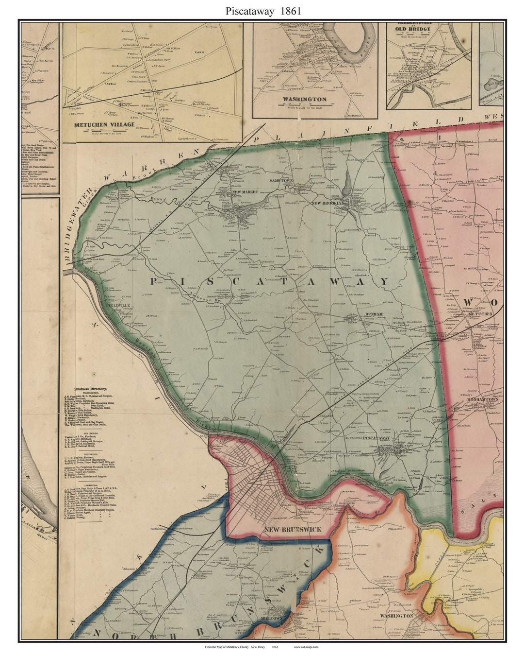 Piscataway 1861 Old Town Map Custom Print - New Jersey - Middlesex ...