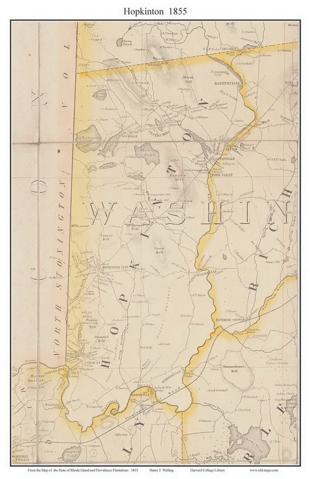 Hopkinton 1855 Old Town Map With Homeowner Names - Rhode Island Reprint ...