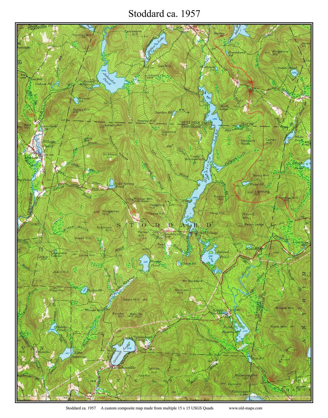 Stoddard 1957 Old Town Map Highland Lake USGS Topographic - Etsy