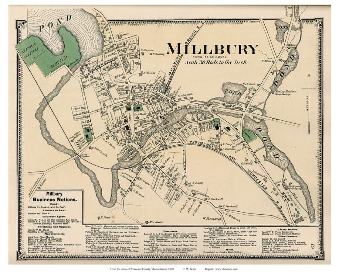 Millbury Village 1870 Old Town Map With Homeowner Names - Etsy