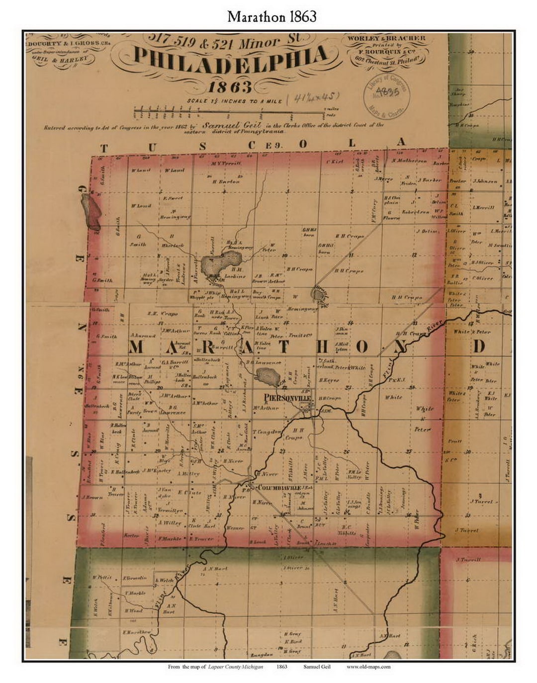 Marathon 1863 Old Town Map With Homeowner Names - Michigan - Reprint ...