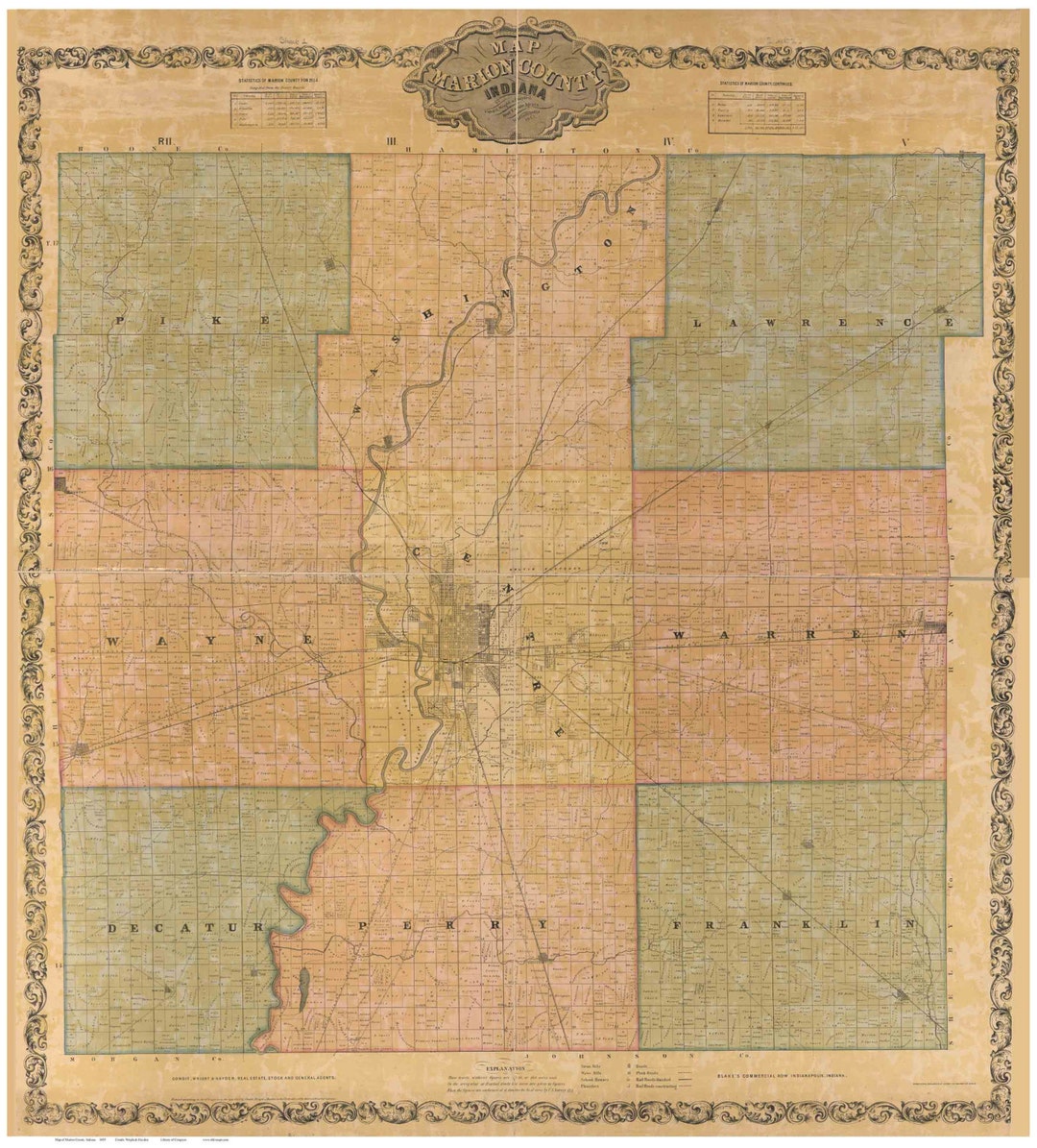 Marion County Indiana 1855 - Old Wall Map Reprint With Landowner Names ...