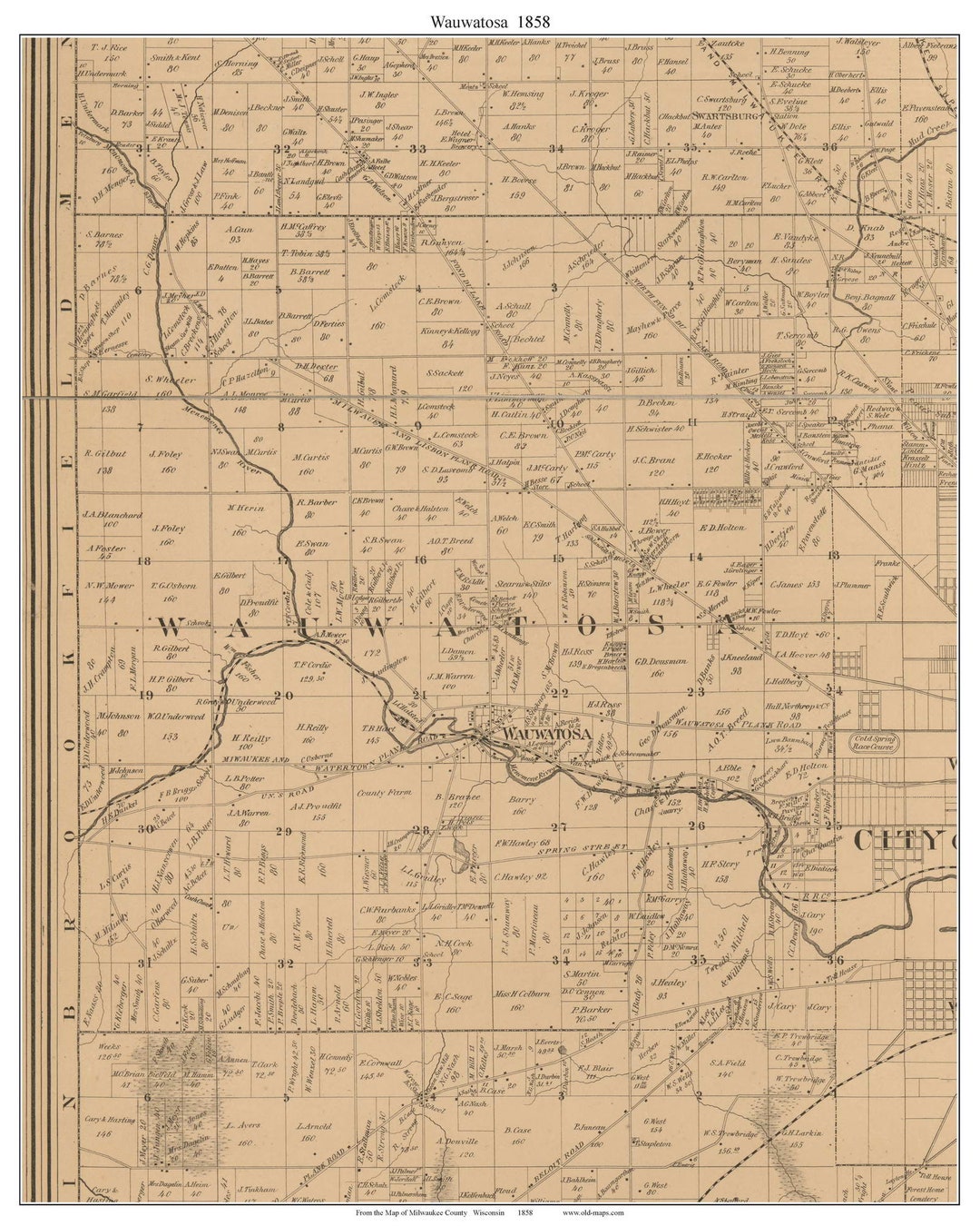 Wauwatosa 1858 - Old Town Map With Homeowner Names - Wisconsin ...