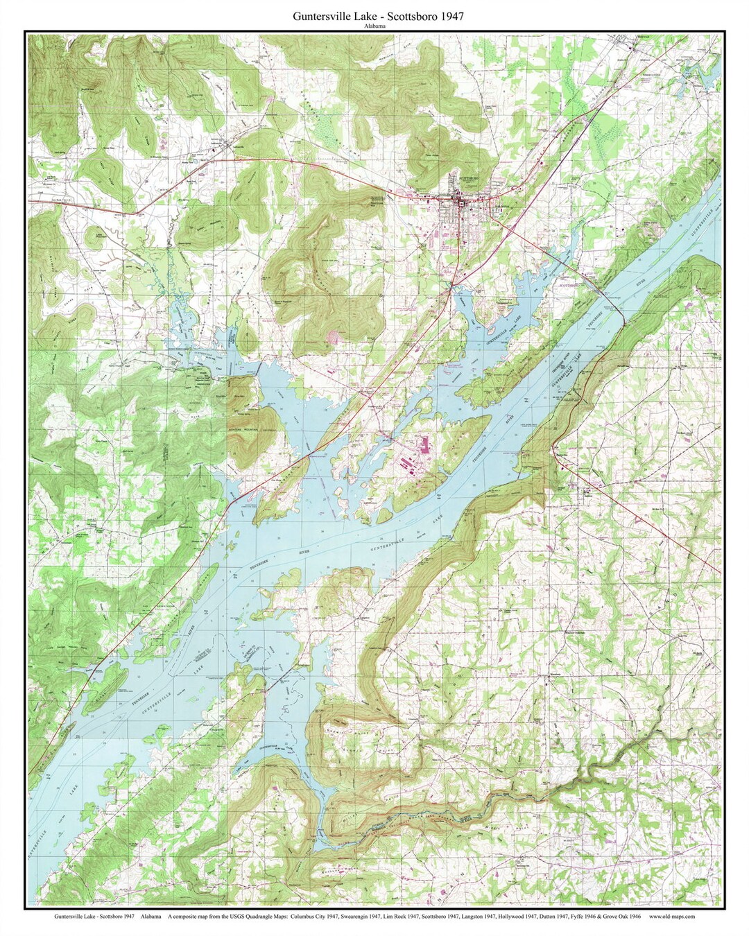Guntersville Lake 1936 - Scottsboro - Old Topographic Map USGS - Custom ...